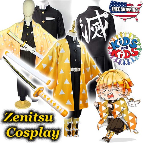 Childrens Kids Zenitsu Demon Slayer Kimetsu no Yaiba Anime Cosplay ...