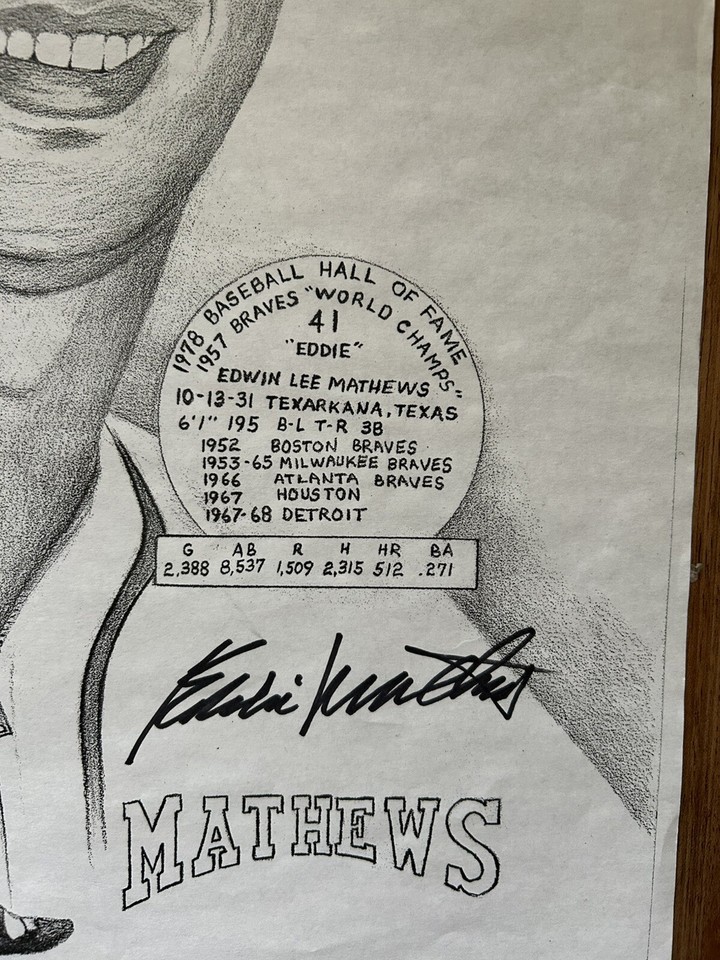 Milwaukee Braves BB HOFer Ed Mathews Autographed John Gehring 24"X36 ...