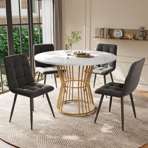 Round Dining Table & Chairs Set Marble Effect Kitchen Table with 4 ...