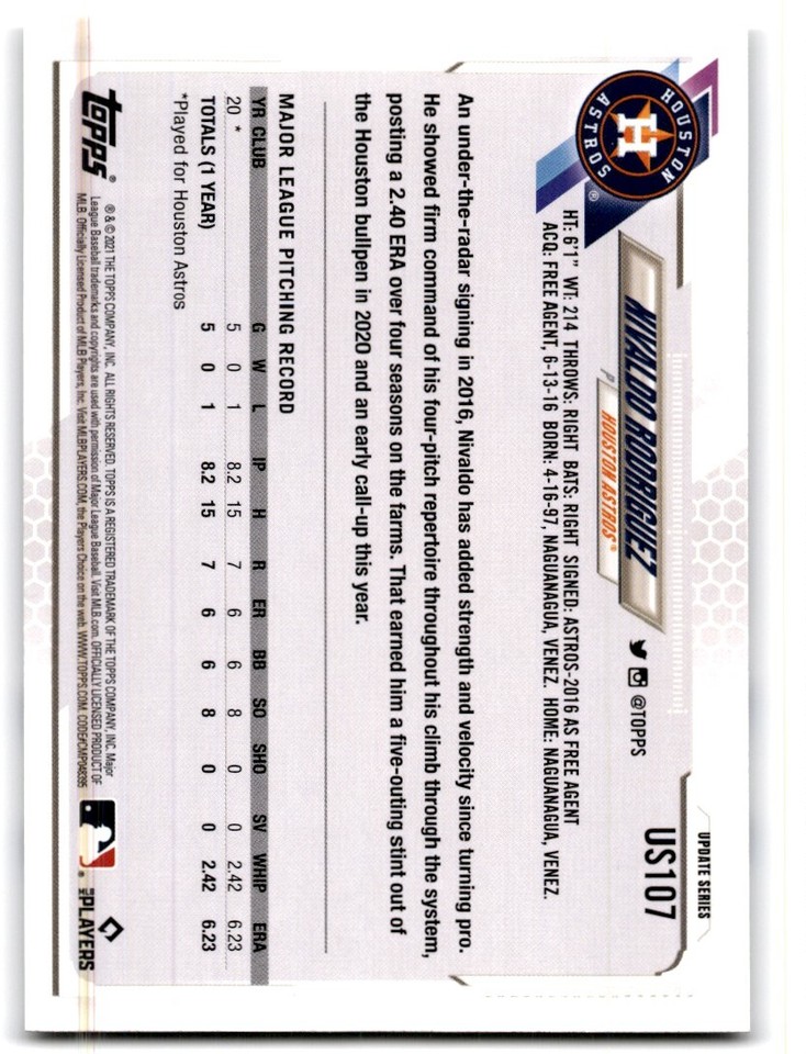 2021 Topps Update Nivaldo Rodriguez Rookie Houston Astros #US107 | eBay