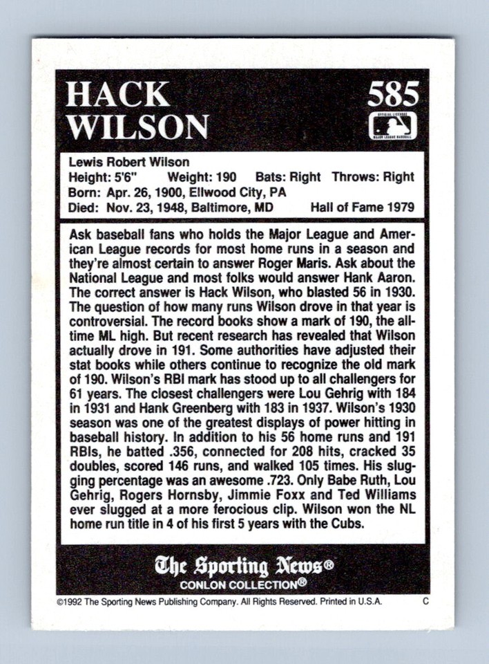 1992 Conlon Collection #585 Hack Wilson | eBay