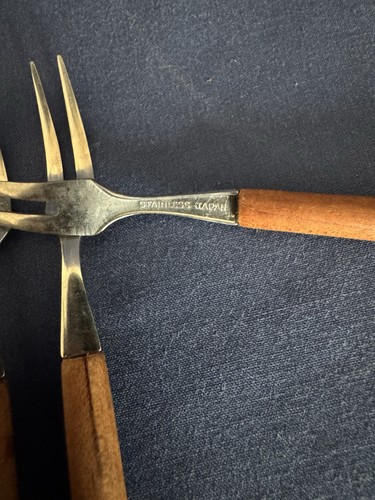 Set (8) Stainless Steel Two-Prong Cocktail Forks Wooden Handles 3 3/4 ...