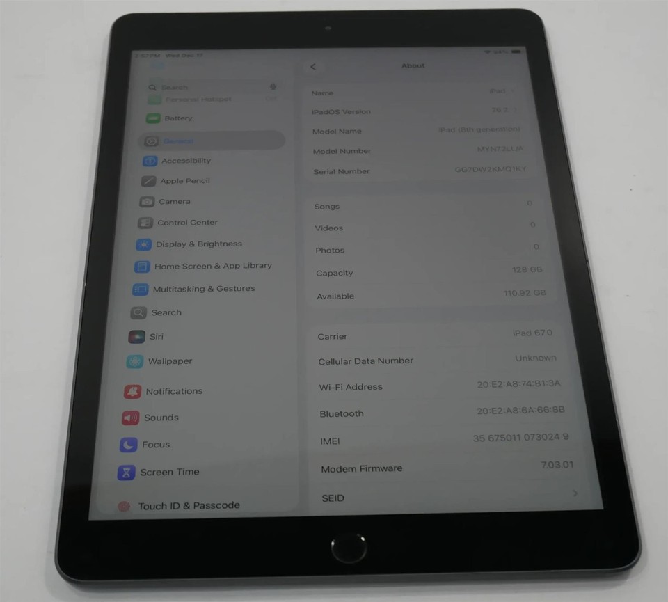 Apple iPad 8th Generation 128GB A2428 Wi-Fi + Cellular 10.2" MYN72LL/A ...