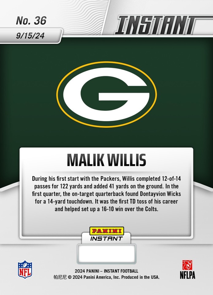 2024-25 Panini Instant NFL #36 Malik Willis Green Bay Packers PRESALE ...