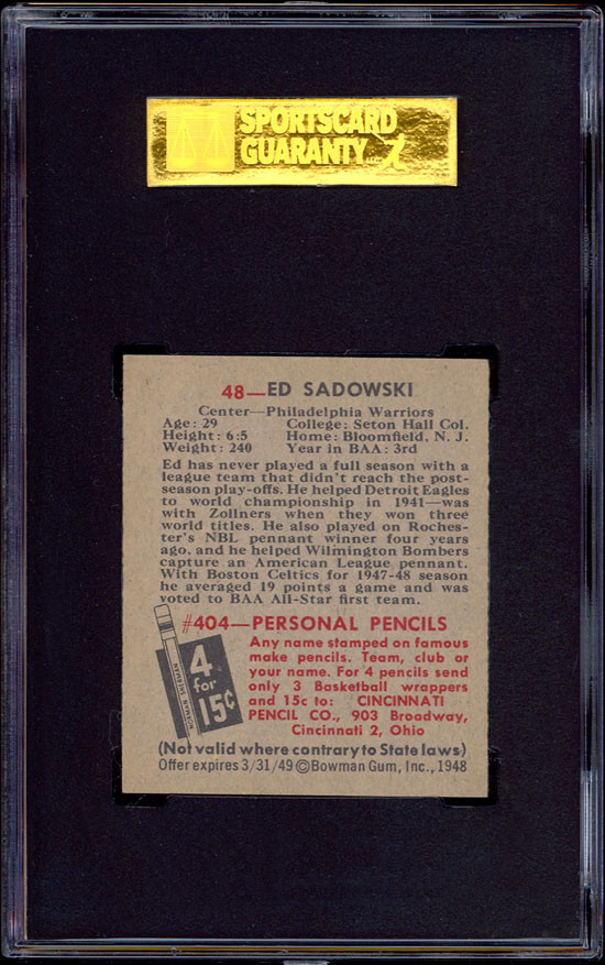 1948 Bowman #48 Ed Sadowski RC - SGC 8.5 NM-MT+ Very close to Mint ...
