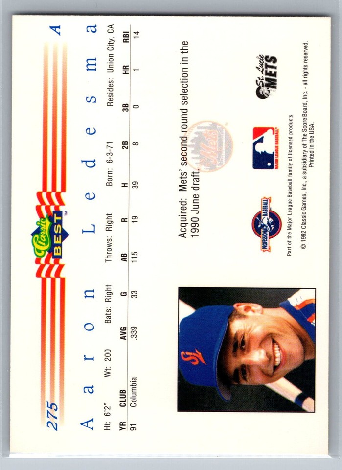 Aaron Ledesma 1992 Classic Best Set Break BASEBALL #275 St. Lucie Mets ...