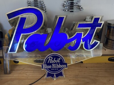 VINTAGE PABST BLUE RIBBON BEER SIGN COBALT BLUE LIGHTED LIGHT PBR COLD ...