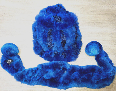 women 2 PC HAT SCARF FURRY DEEP BLUE SET one size SUPER CONDITION! spi ...
