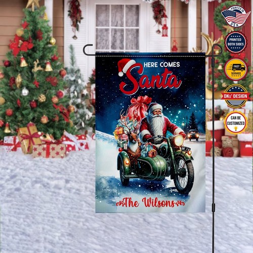 Personalized Christmas Flag, Santa and Reindeer on Motorcycle Garden ...