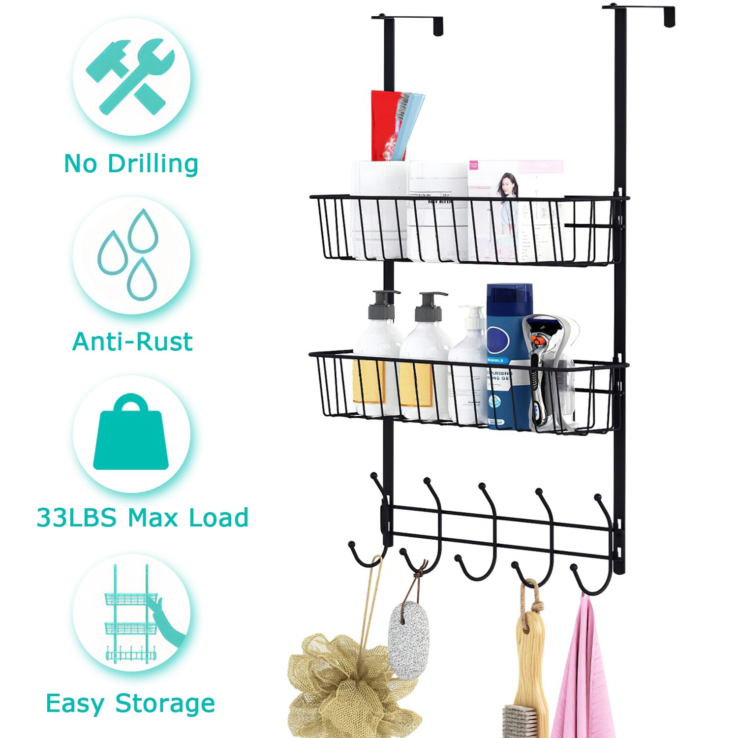 2-Tier Over The Door Organizer Hanger Hook Door Storage Rack Shelf ...