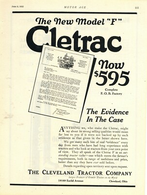 1922 Cletrac Cleveland Tractors Ad: J.F. Brittain, Erie Pennsylvania ...