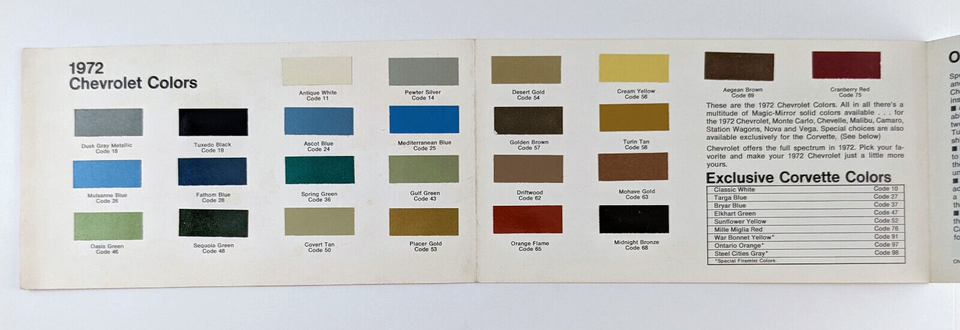 1972 Chevrolet Exterior Colors Sales Brochure Chevy Corvette Monte ...