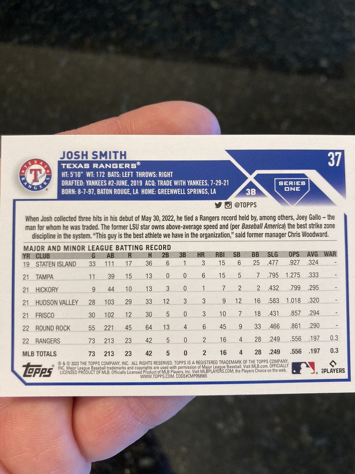 JOSH SMITH Rookie Card RC 2023 Topps Series 1 1st Edition #37 Rangers ...