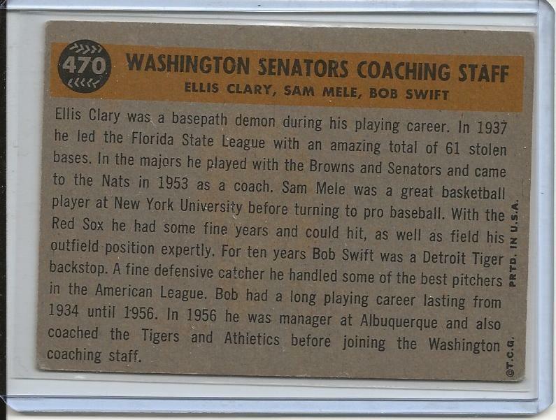 1960 Topps Baseball Card Washington Senators Coaches Near Mint # 470 | eBay