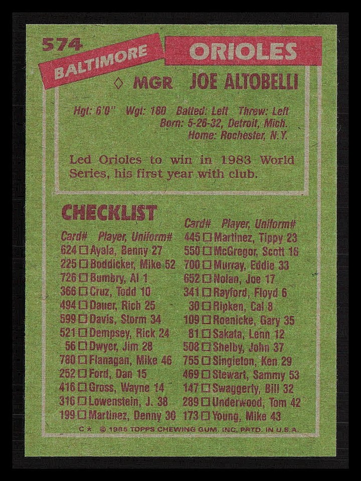 Joe Altobelli 1985 Topps #574 Baltimore Orioles | eBay
