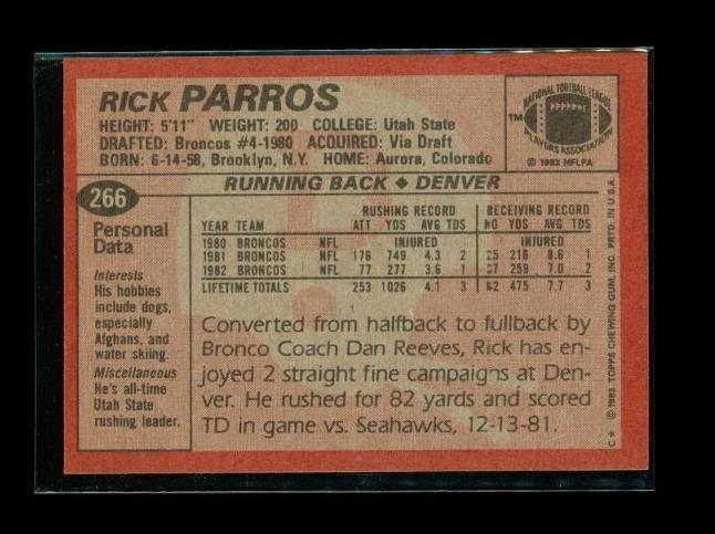 Vintage 1983 TOPPS Football Trading Card #266 RICK PARROS Denver ...