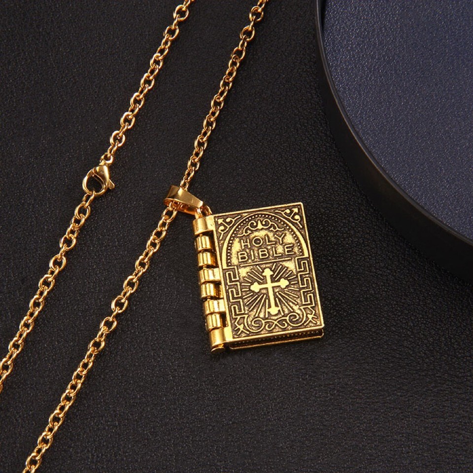 Gold Holy Bible Pendant Lord's Prayer Necklace Chain Catholic Jewelry ...