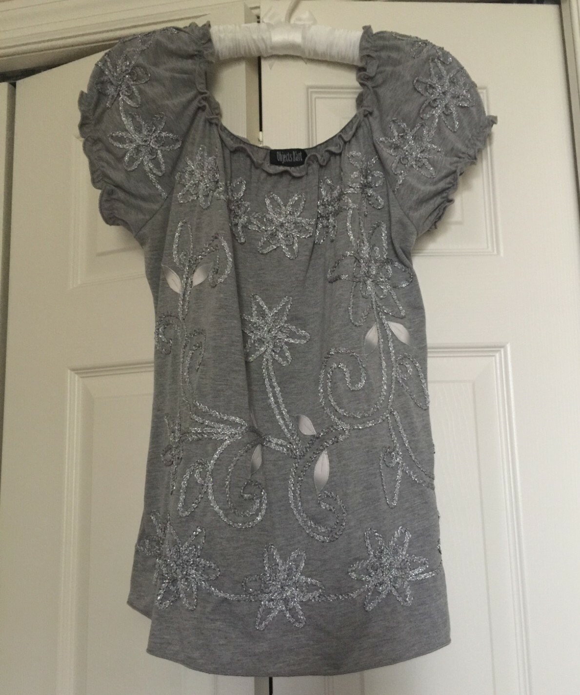 Beautiful Silver Gray top, Short Sleeves Size L. Embellished, | eBay