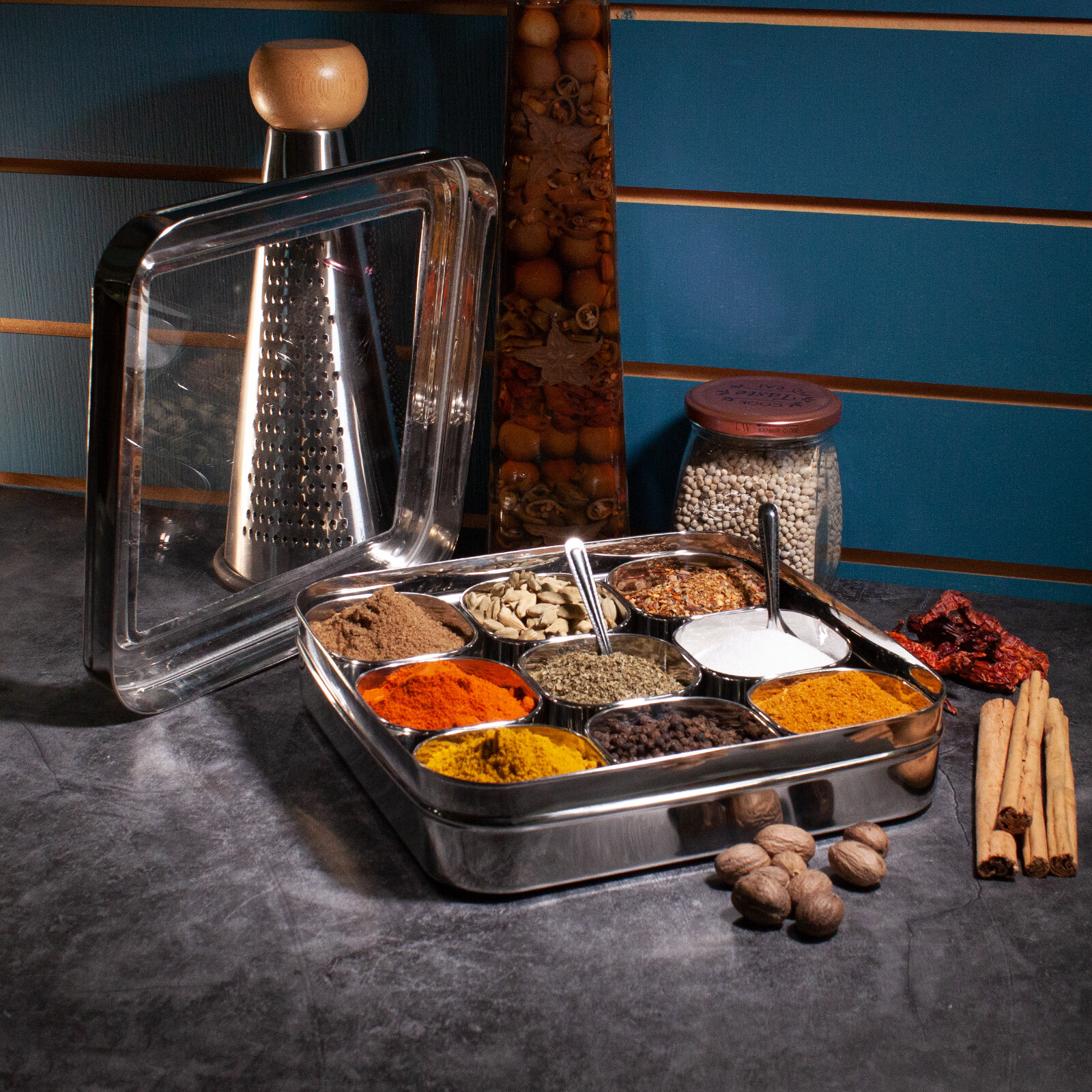 Authentic Indian Spice Tin Box Square Masala Dabba Spoon Stainless ...