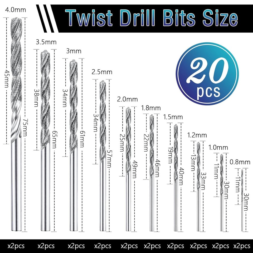 20 Pieces Diamond Drill Bits Set for Stone Twist Tip Drill Bit Heavy ...