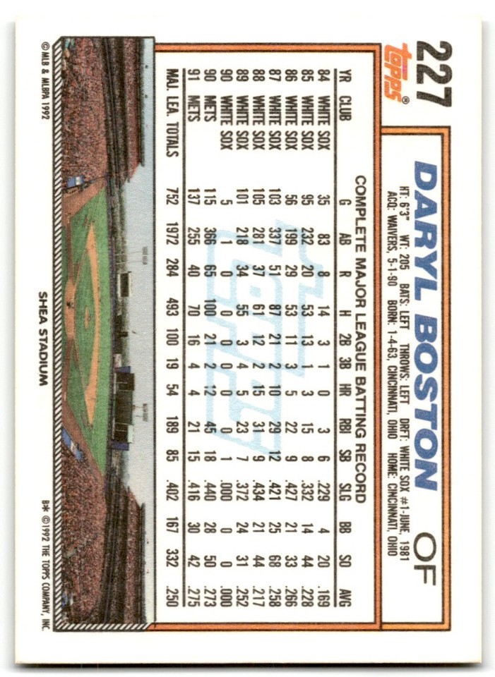 1992 Topps Daryl Boston New York Mets #227 | eBay