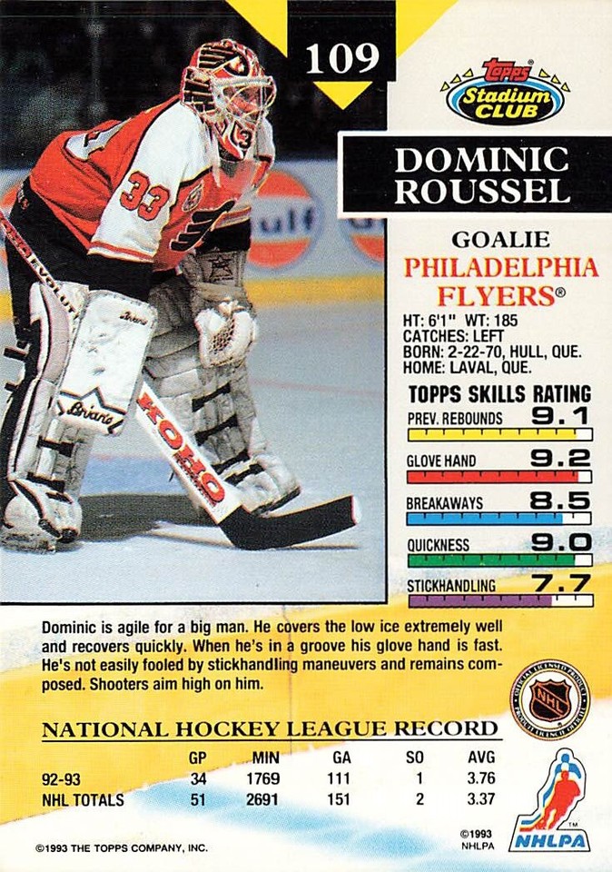 1993 Stadium Club #109 Dominic Roussel Philadelphia Flyers | eBay