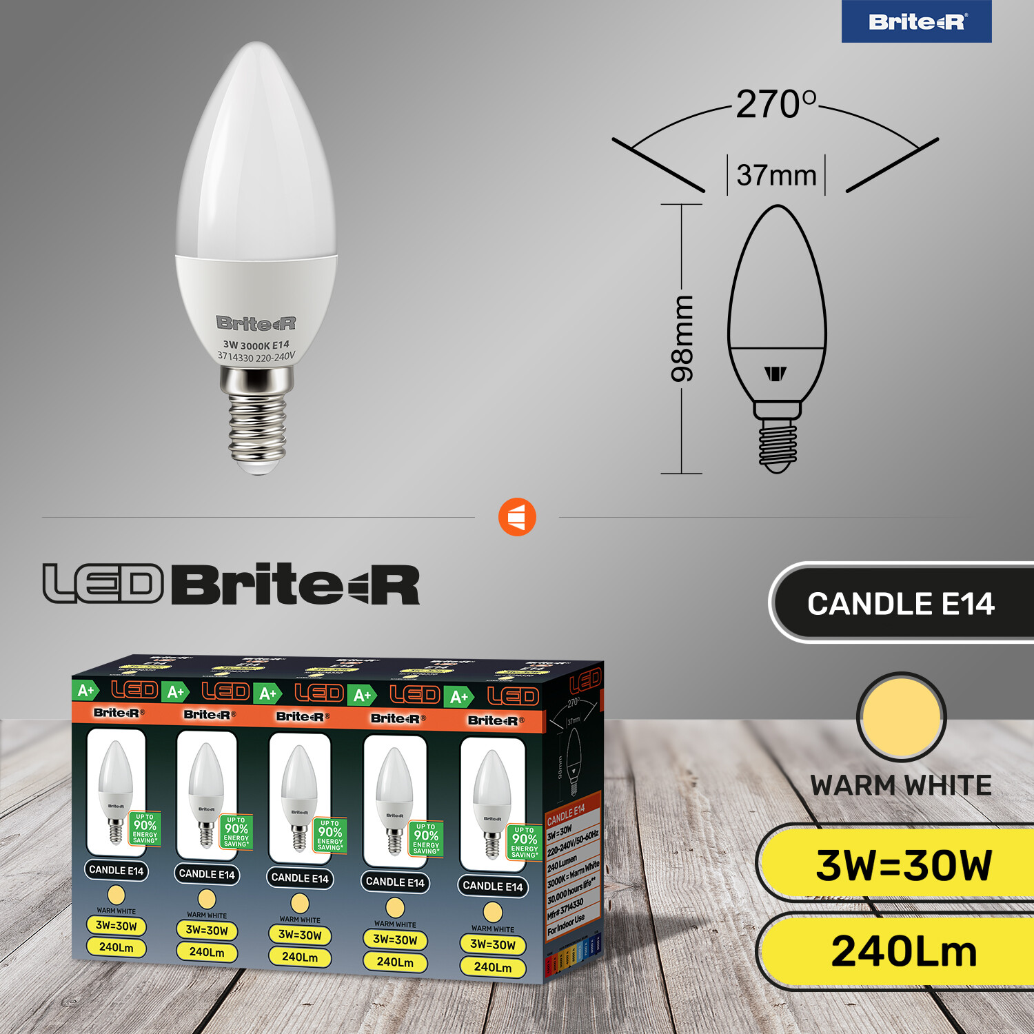5x E14 SES Candle LED Bulb 3W=30W WARM White Brite-R 3000K 240V Light ...