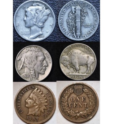 Silver Mercury Dime, Buffalo Nickel, Indian Head Cent in VF XF 3 COIN ...