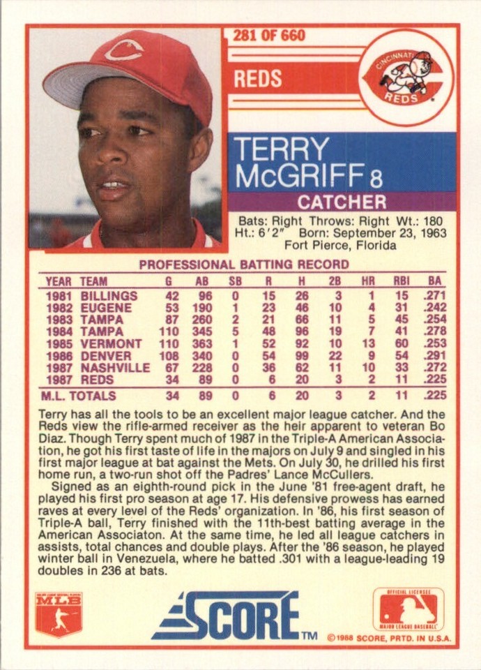 1988 Score MLB Terry McGriff #281 | eBay
