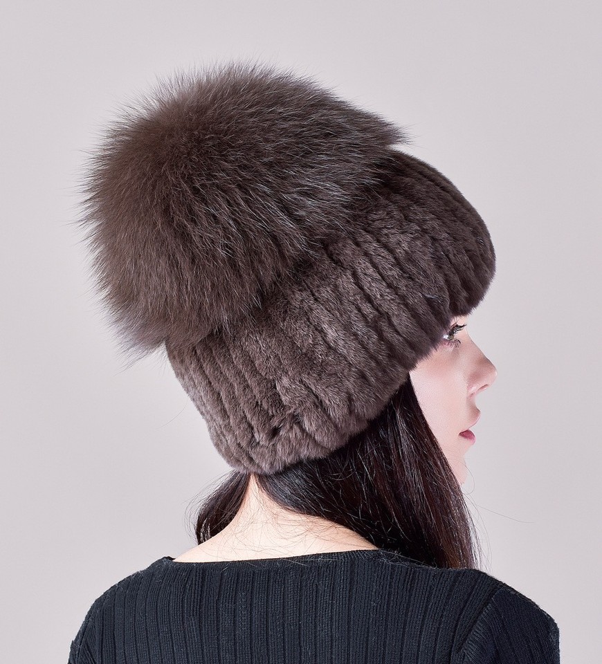 Winter Outdoor Women Real Rex Rabbit Fur Hat Natural Knitted Fox Fur ...