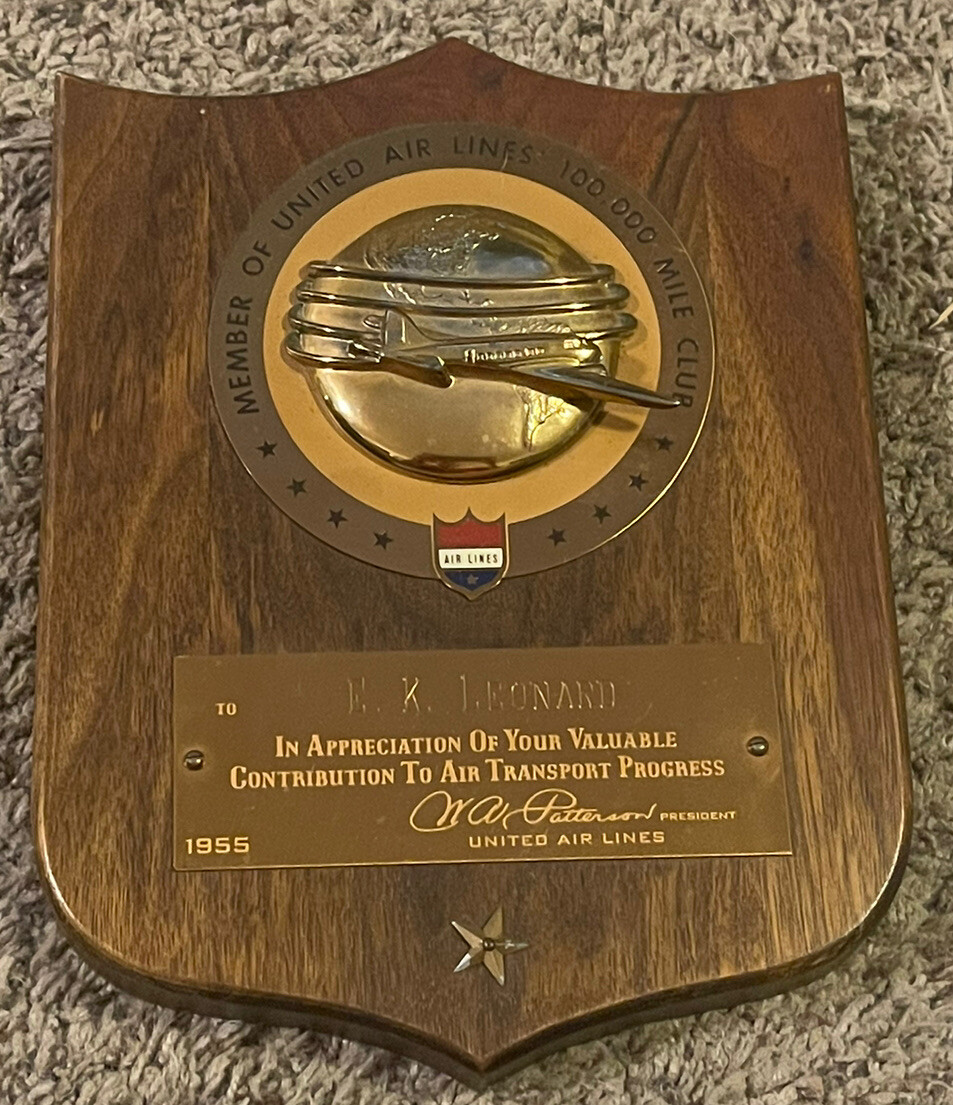 1955 United Airlines 100,000 Mile Club Plaque, 6 1/2 x 9” | eBay