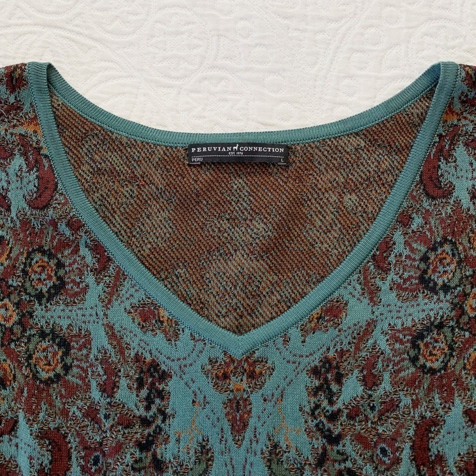 Peruvian Connection Paisley V Neck Long Sleeve Sweater Dress | eBay