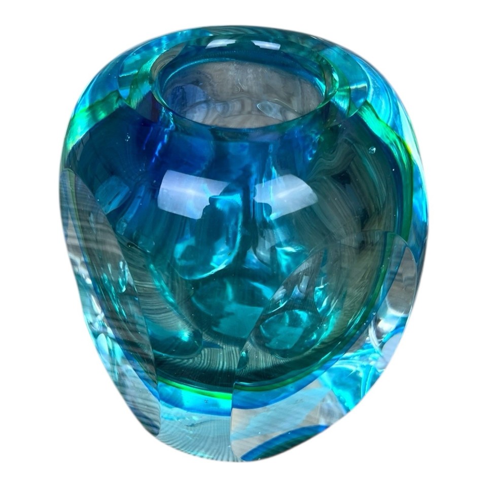 Vtg Flavio Poli Murano Sommerso Art Glass Faceted Block Vase Candle ...