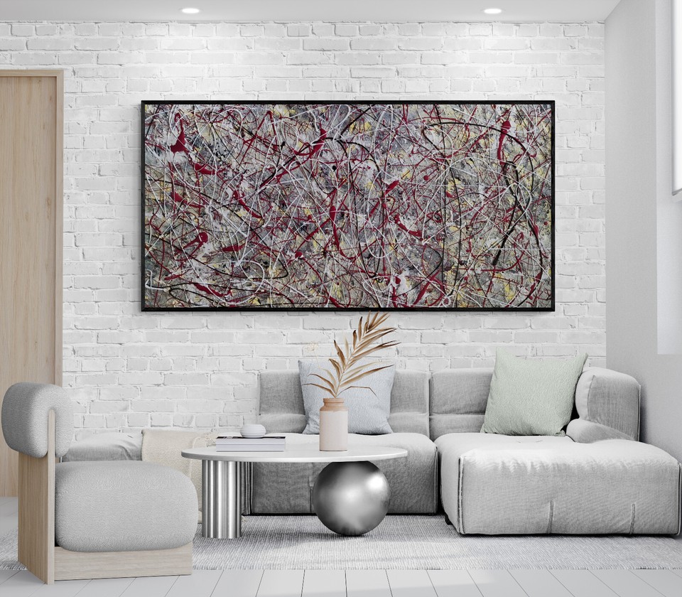 XXL Jackson Pollock Style Abstract Painting - Red, Gray & Yellow ...