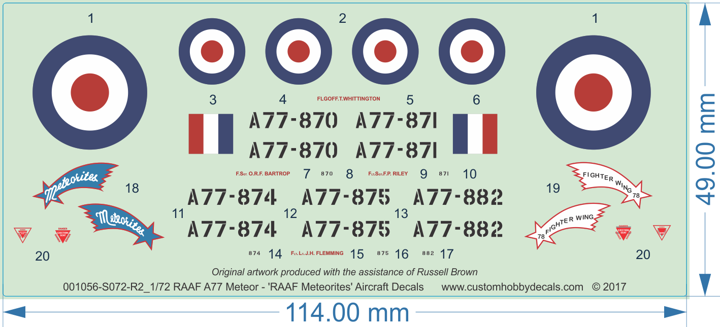 RAAF A77 Meteor - 'RAAF Meteorites' Aircraft Decals - 1/32 1/48 1/72 1/ ...