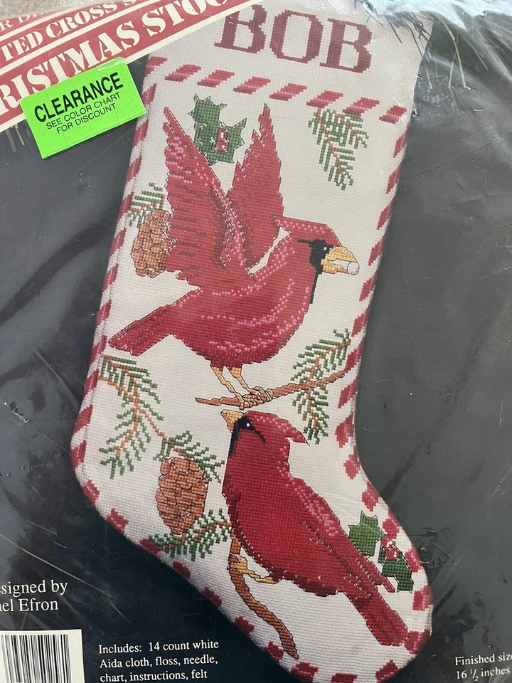 Banar Designs Counted Cross Stitch Stocking Kit Cardinals Birds XCS-258 ...