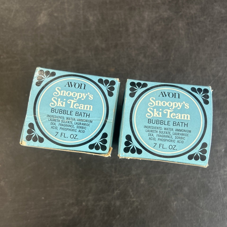 2-ORIGINAL 1970s AVON PEANUTS SNOOPY'S SKI TEAM 7oz Filled BUBBLE BATH ...