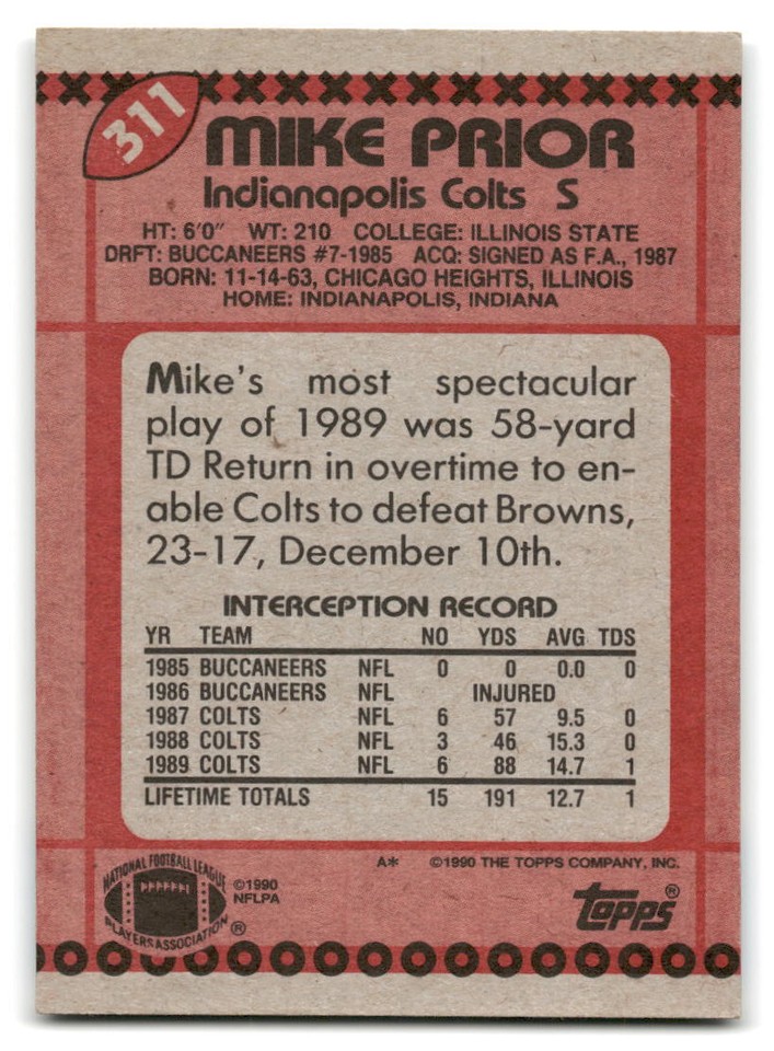 Mike Prior 1990 Topps #311 Indianapolis Colts FOOTBALL | eBay