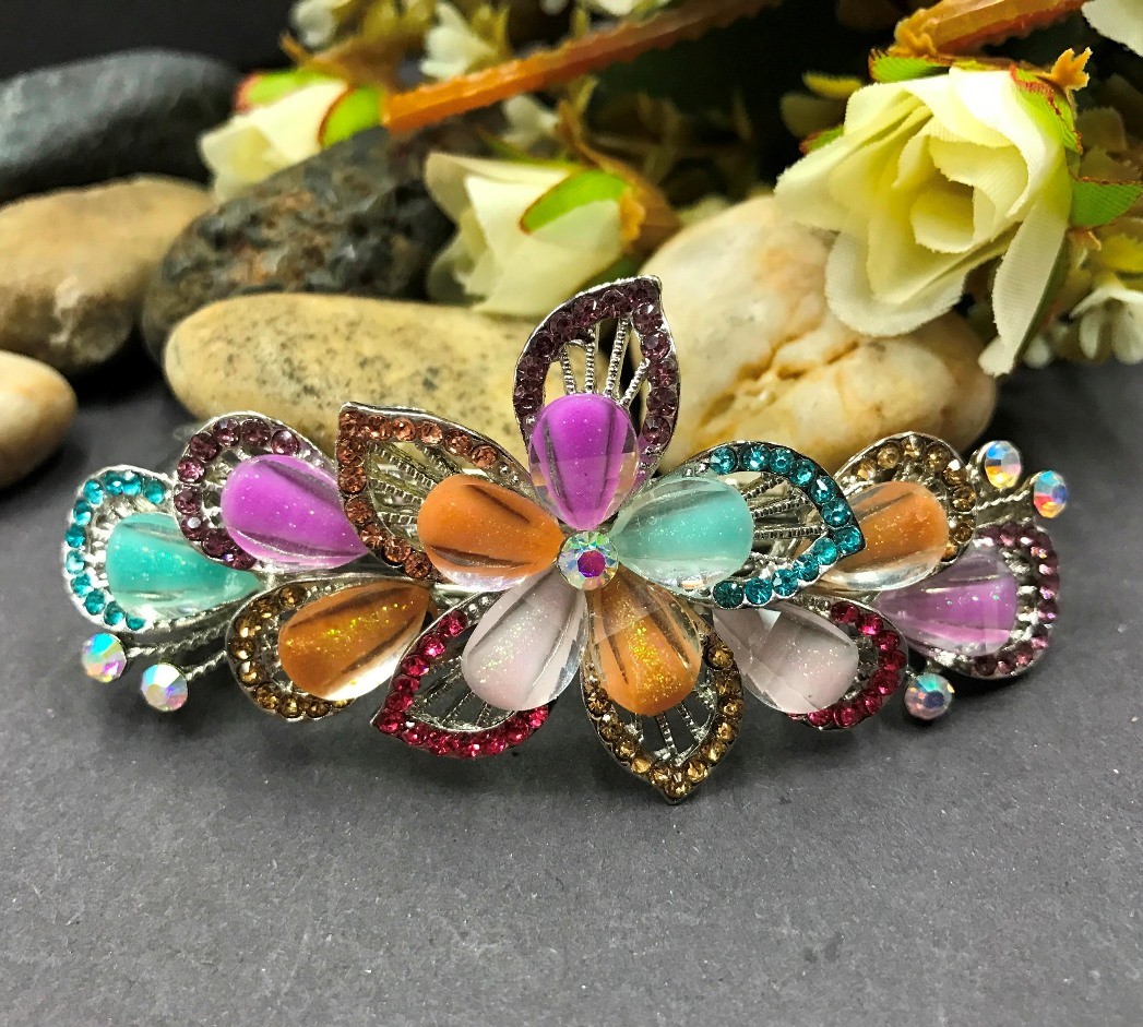 Beautiful Silver Tone Hair clip Flower Rhinestone Crystal multi Color ...