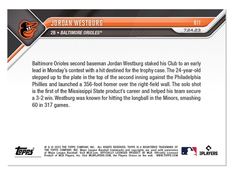 2023 Topps Now Jordan Westburg Rookie Card RC Orioles Prospect Hits 1st ...
