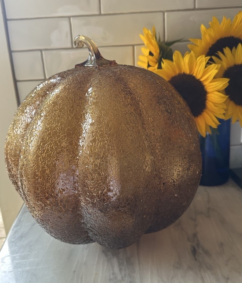 Pottery Barn Textured Glass Mosaic Amber Pumpkin Large Cloche Retired ...