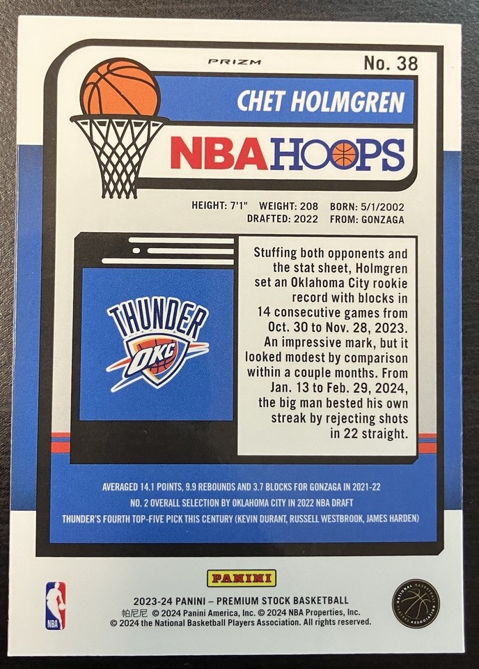 2023-24 NBA Hoops Premium Stock CHET HOLMGREN #38 Shock Prizm | eBay