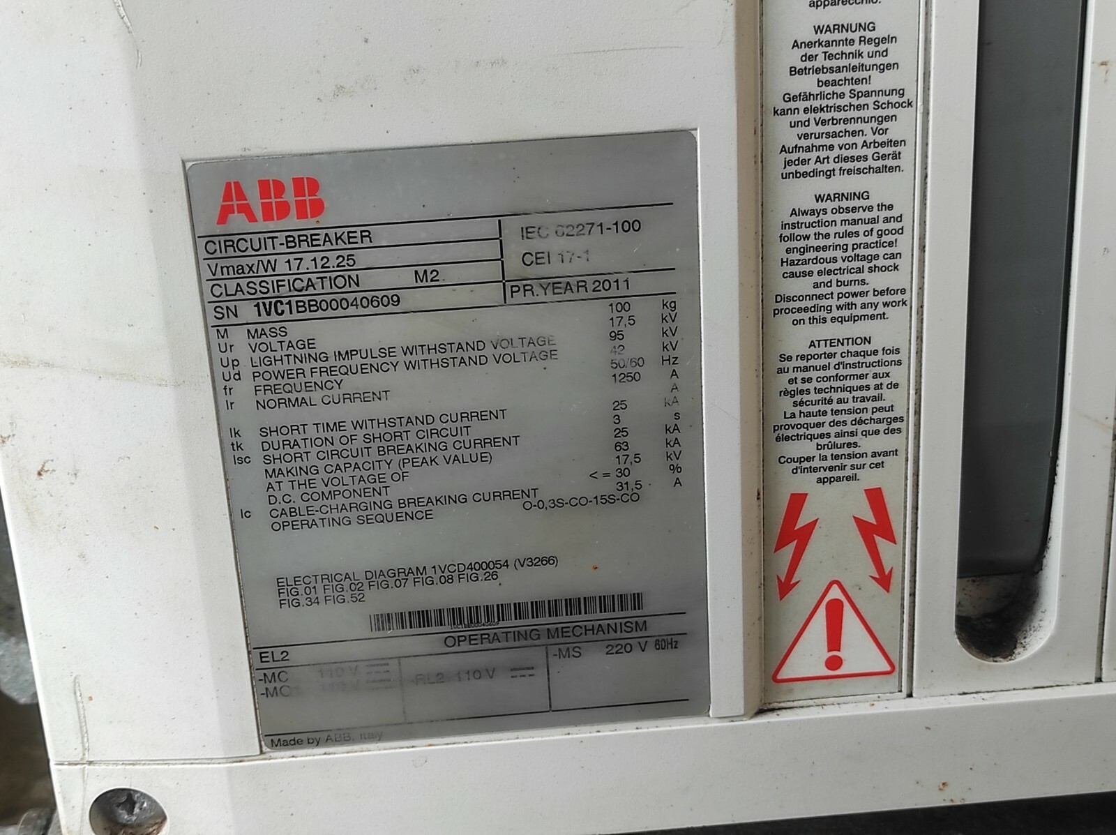 ABB Vmax/W 17.12.25 M2 Circuit Breaker 1250A Electrical Diagram ...