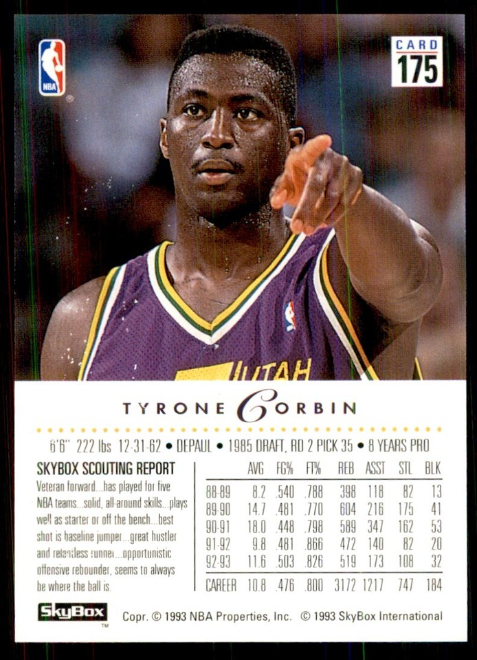 1993-94 SkyBox. Tyrone Corbin Basketball Cards #175 | eBay