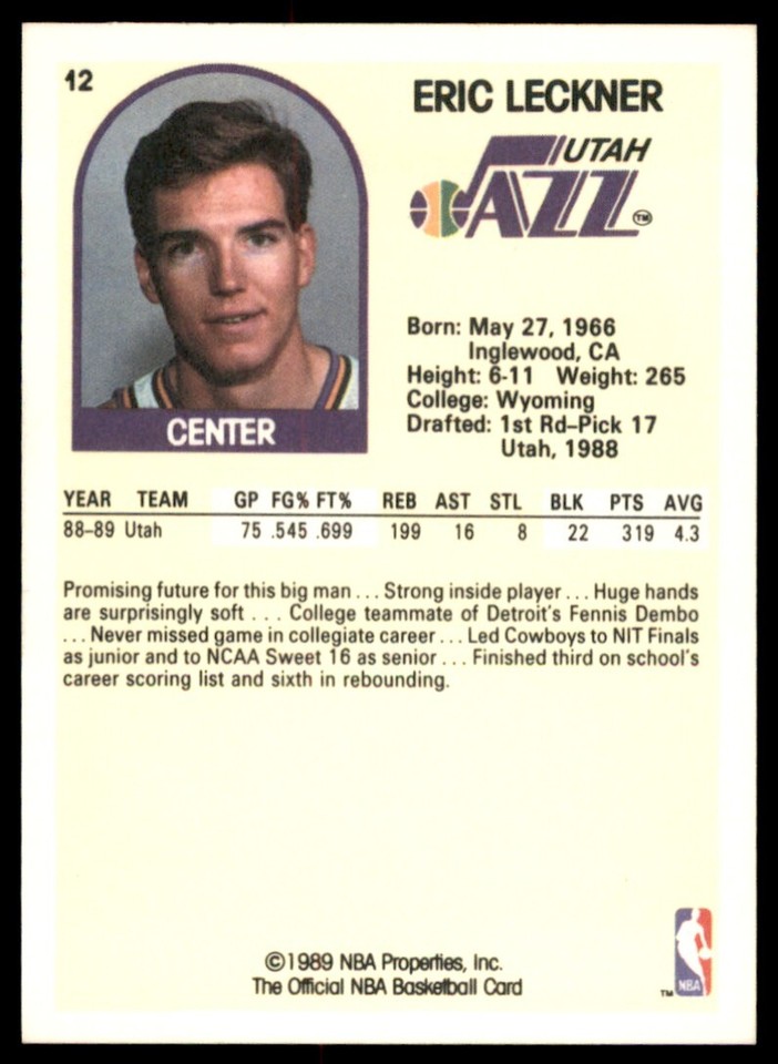 1989-90 NBA Hoops Eric Leckner Rookie Utah Jazz #12 1025 | eBay
