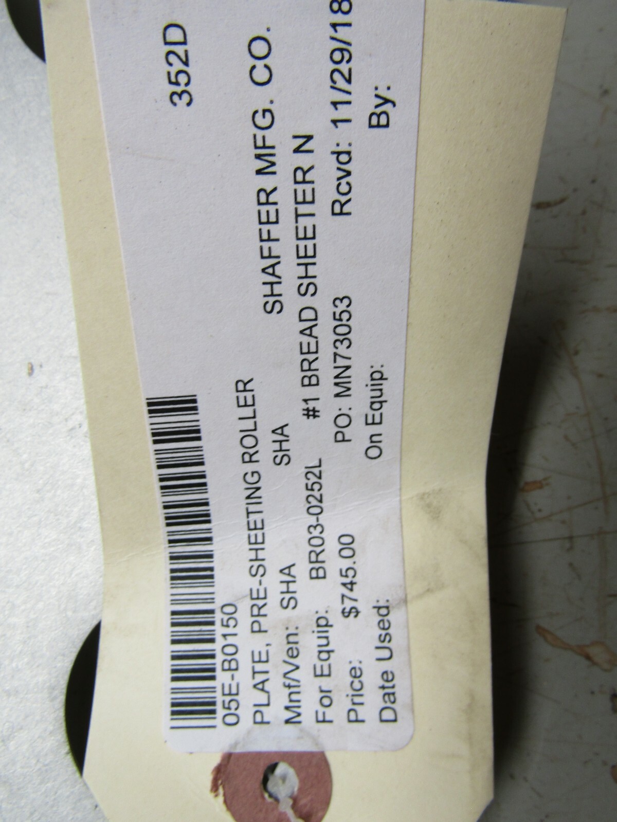 Shaffer Pre-Sheeting Roller Plate 05E-B0150 Bread Sheeter Machine Lot ...