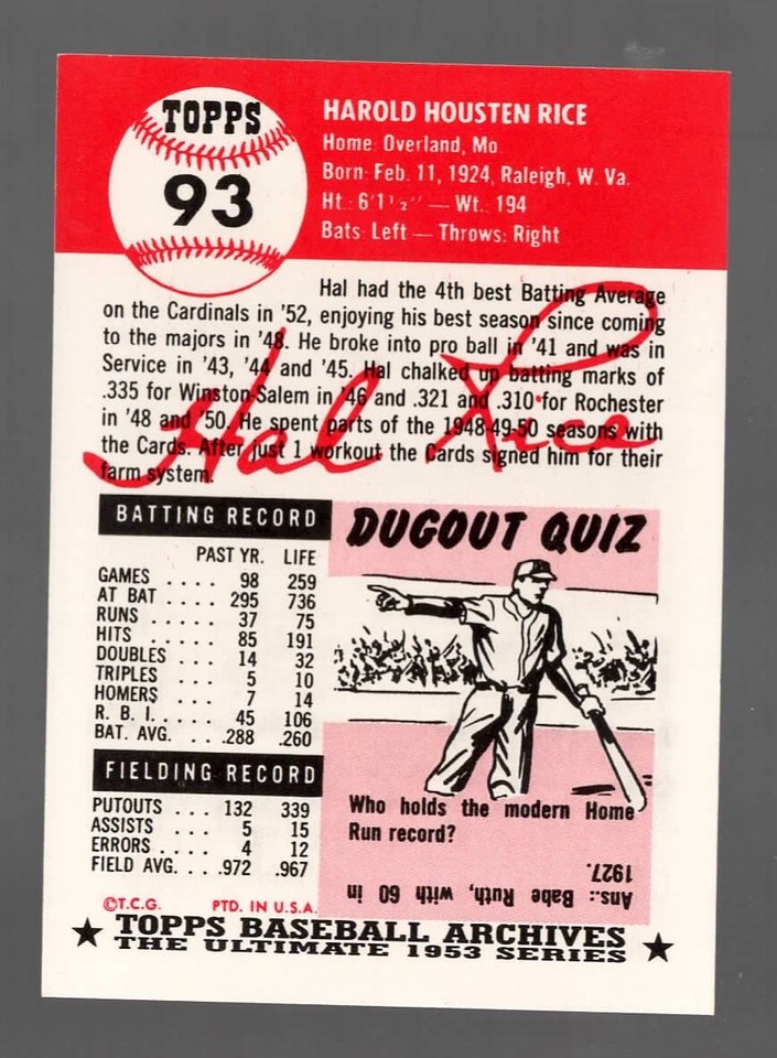 1991 Topps Archives 1953 #93 Hal Rice Mint | eBay