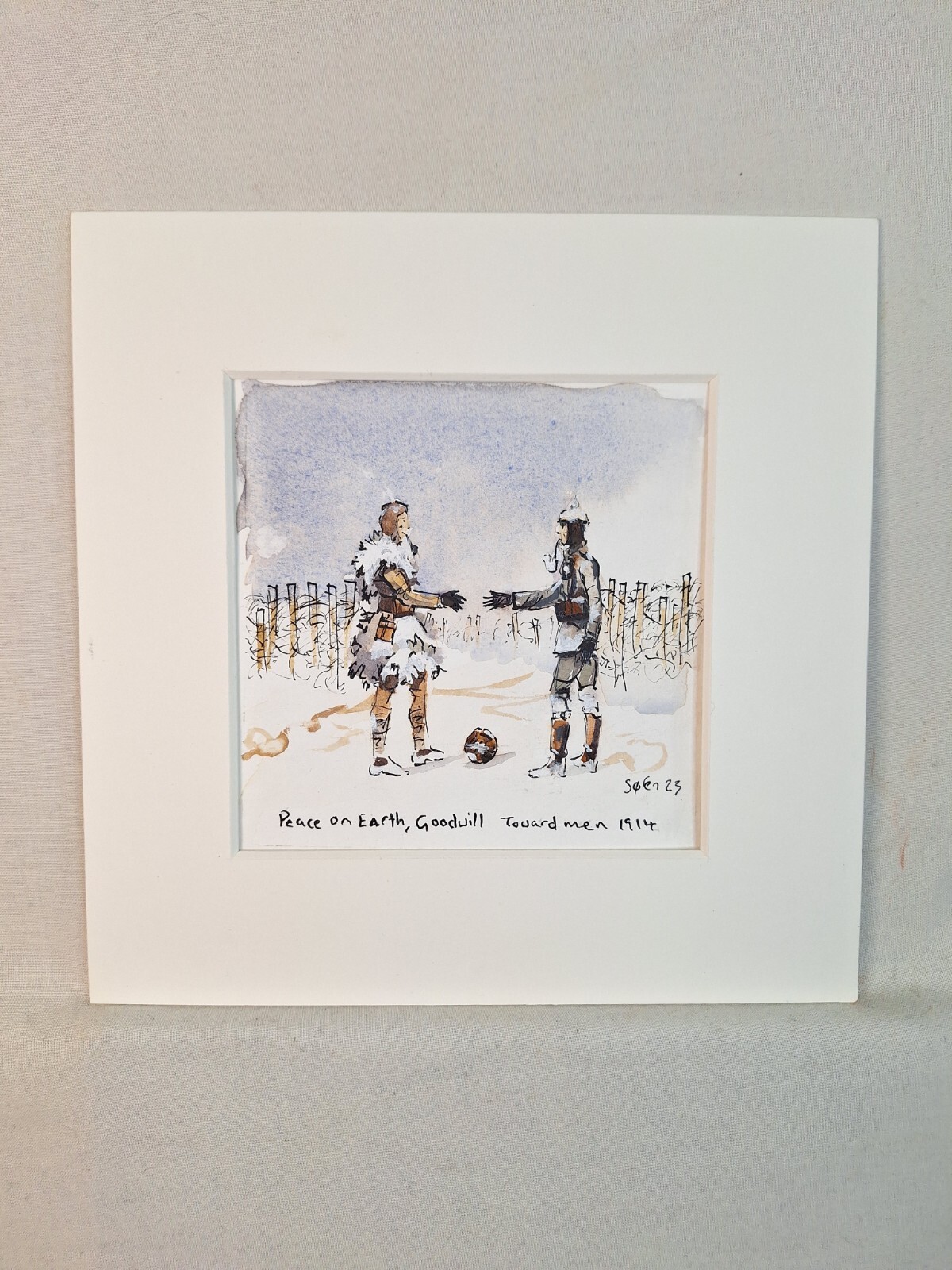 ORIGINAL Artwork Christmas Truce Handshake Football YPRES 1914 rare ww1 ...