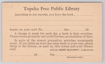 TOPEKA KANSAS FREE PUBLIC LIBRARY, OVERDUE BOOK NOTICE POSTAL CARD ...