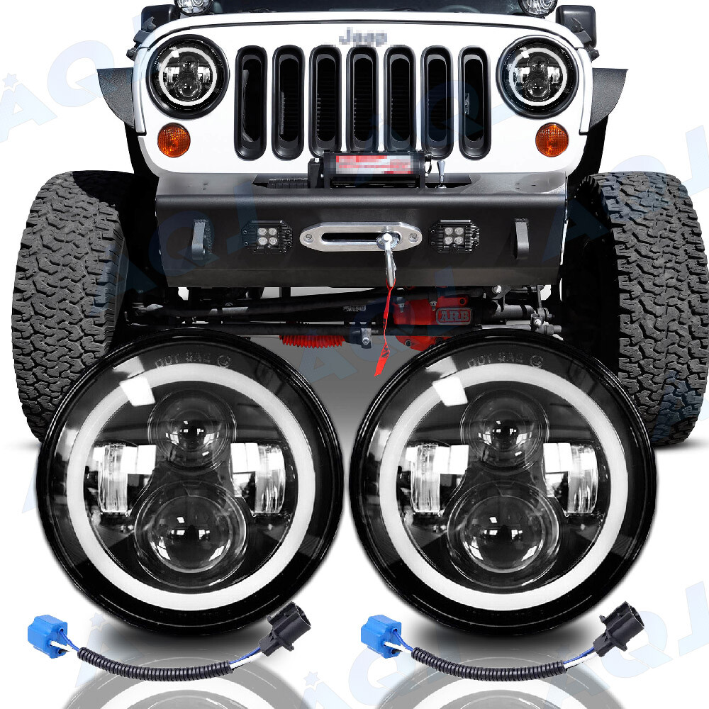 Pair 7" Inch Round LED Headlights Halo Angle Eyes For Jeep Wrangler JK ...